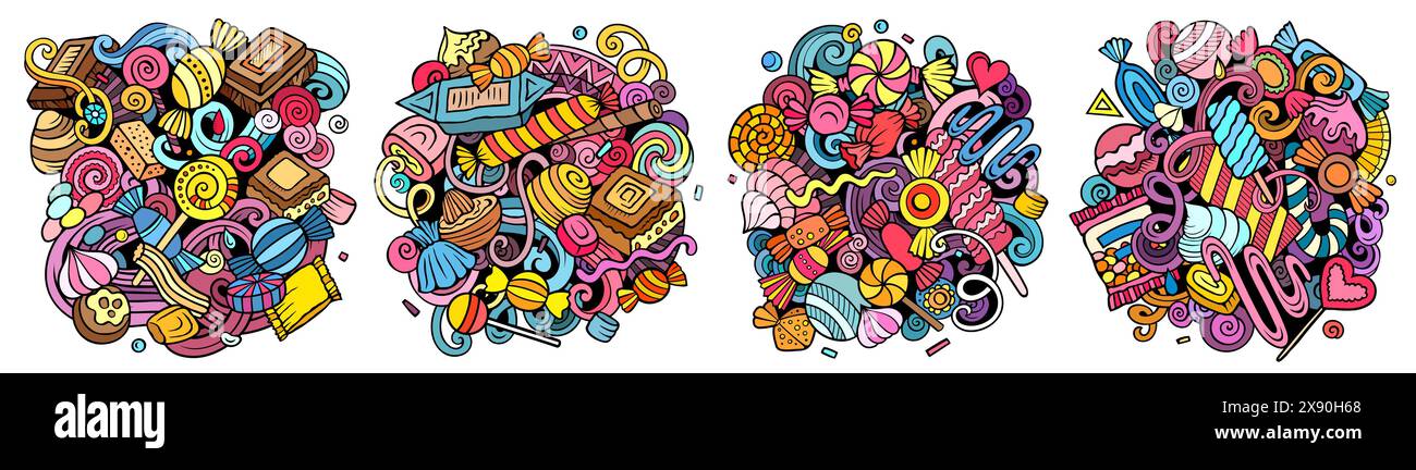 Candy cartoon vector doodle designs set. Colorful detailed banner with ...