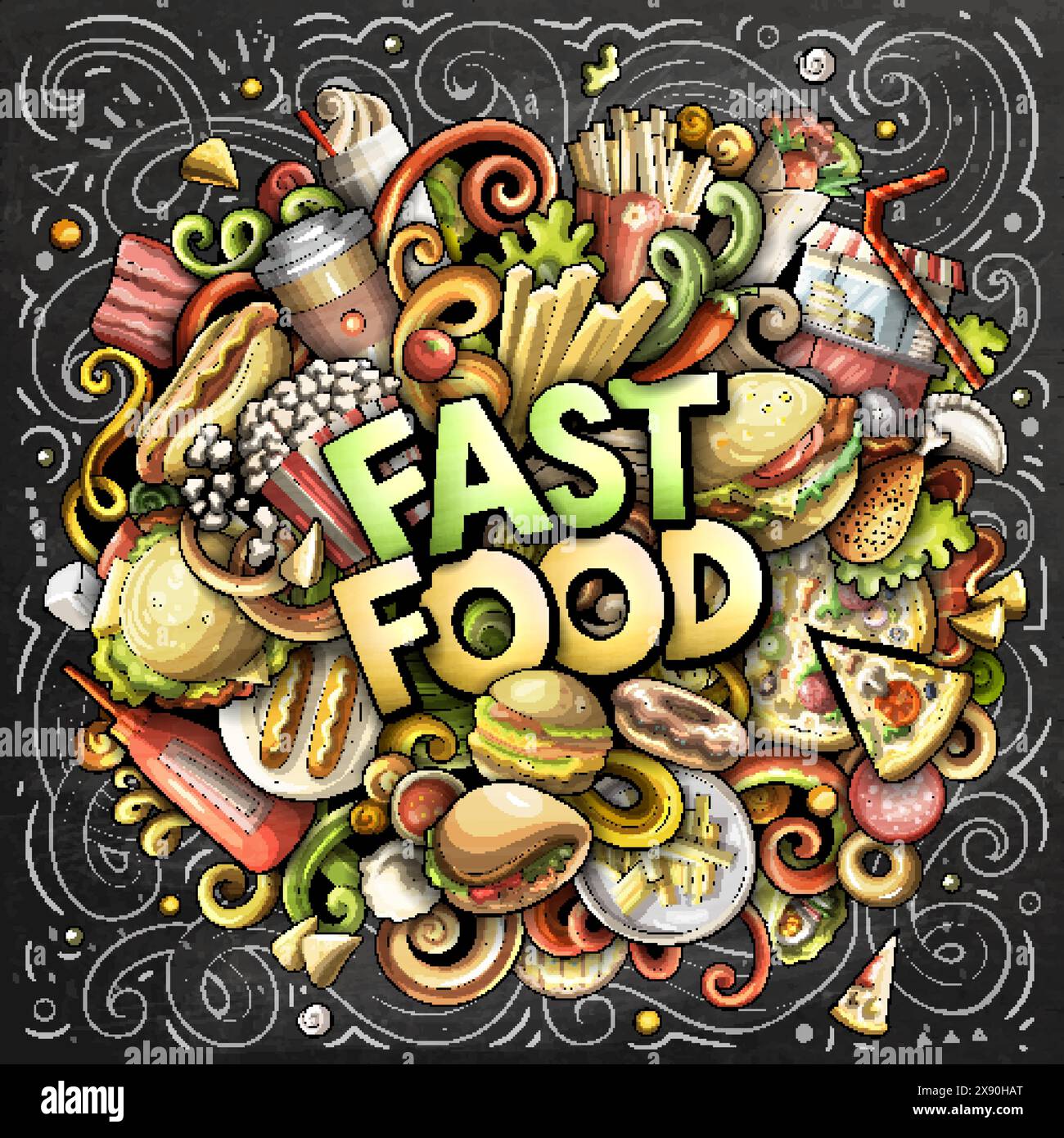Fastfood cartoon doodles illustration. Fast food funny objects and ...