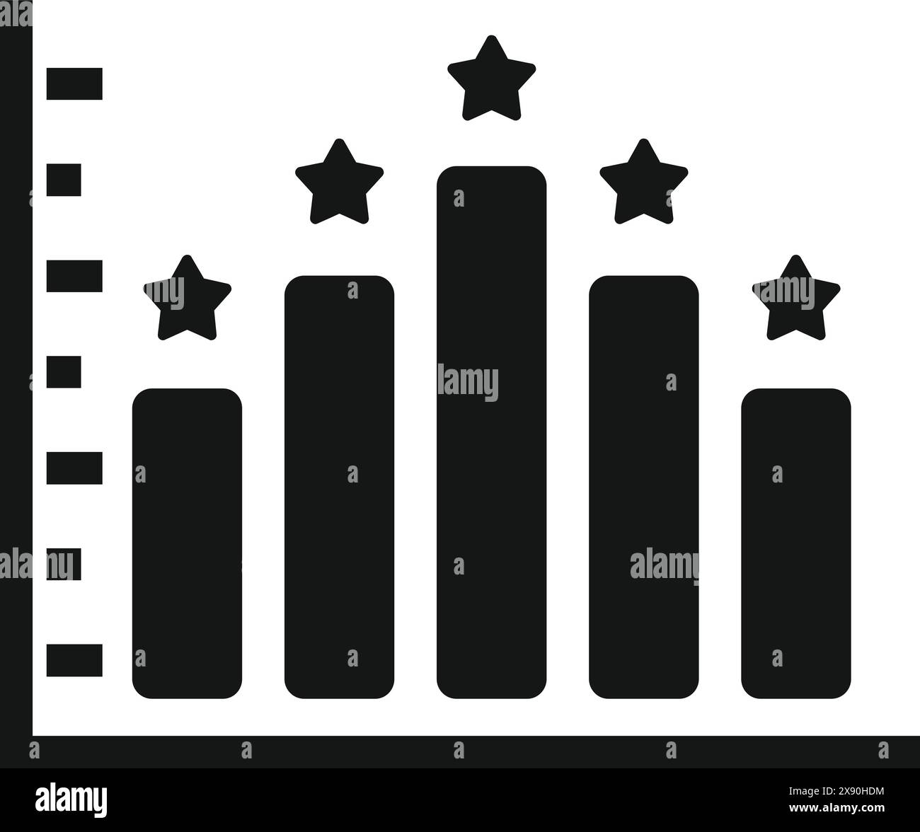 Black and white icon of a bar chart with ascending bars topped by stars, representing a rating ...