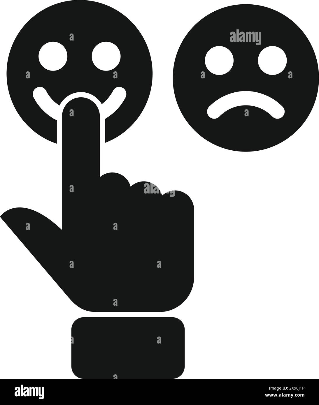 Hand selecting between a happy and a sad face emoji to rate ...