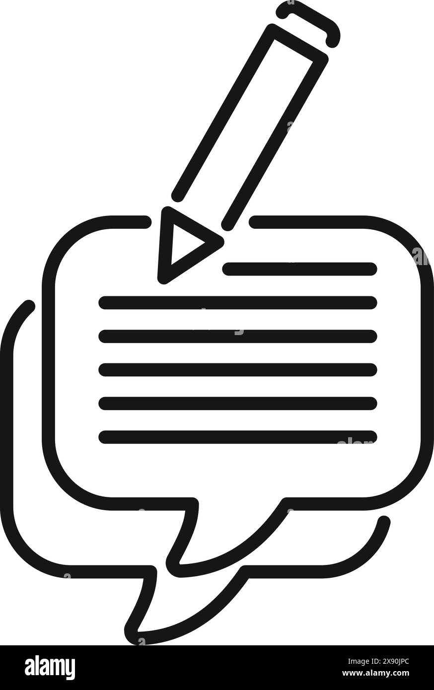A simple line drawing of a pencil writing on a speech bubble ...