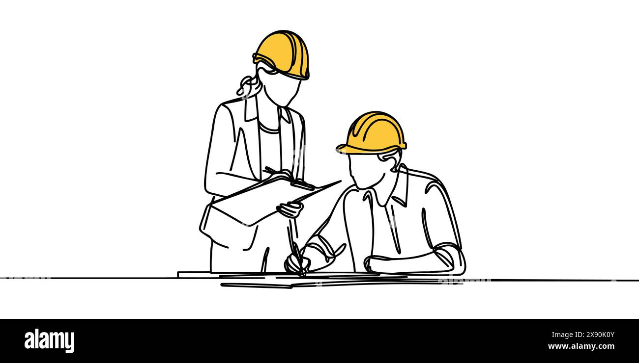 Continuous line drawing of a businessman and businesswoman in a factory ...