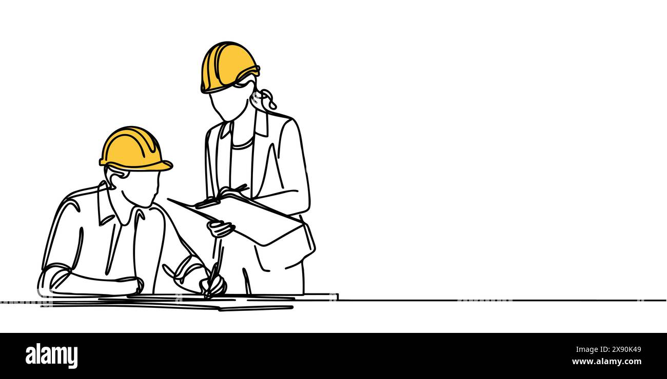 Continuous line drawing of a businessman and businesswoman in a factory ...