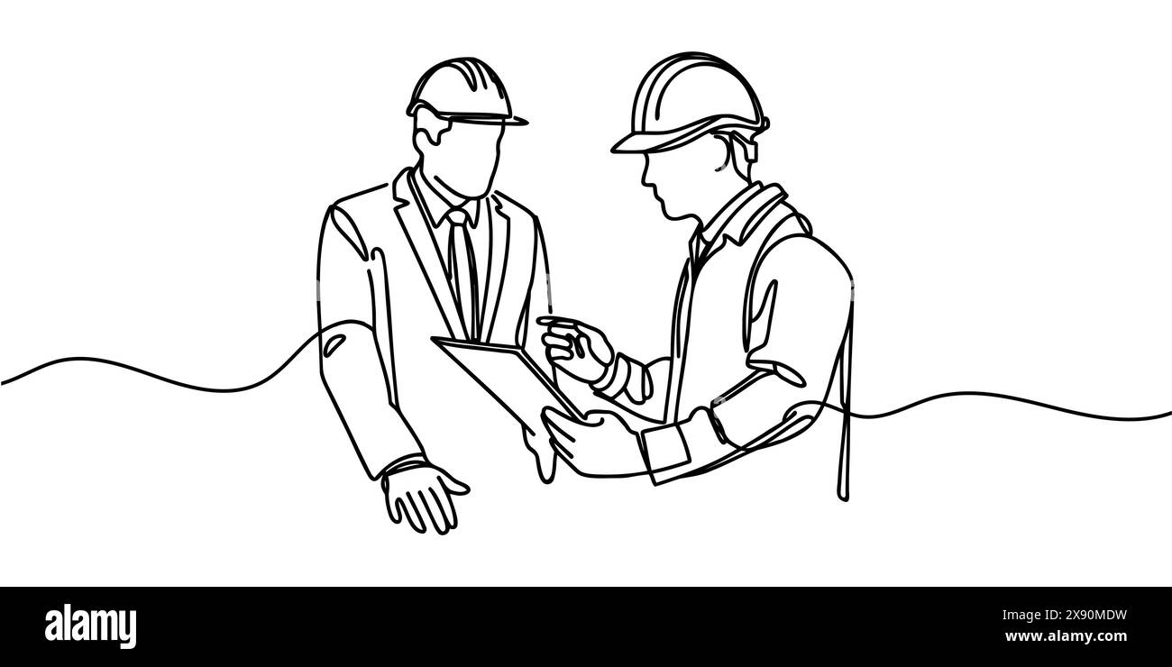 One line illustration of two male architects, engineers or contractors ...