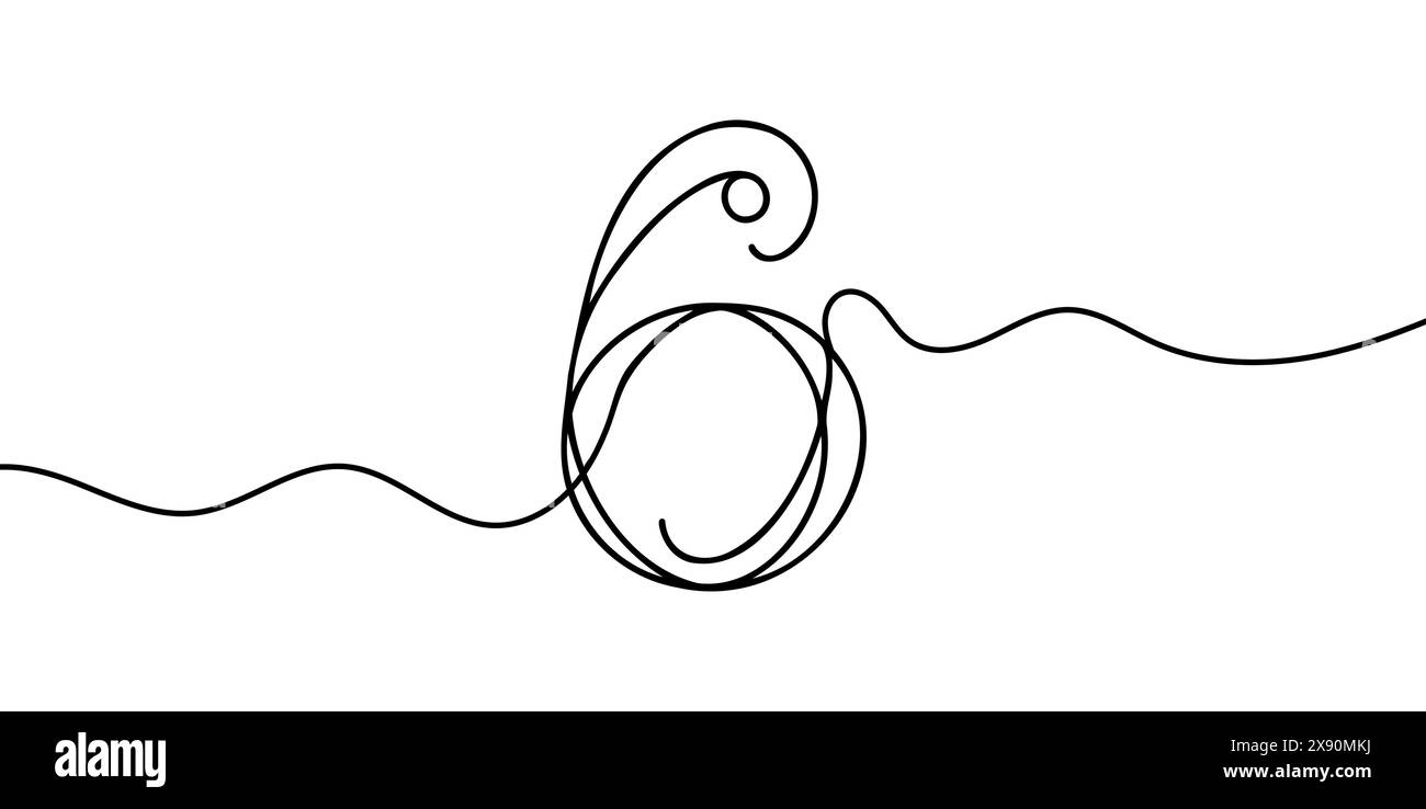 Number 6 in continuous line drawing style. Line art of number six ...