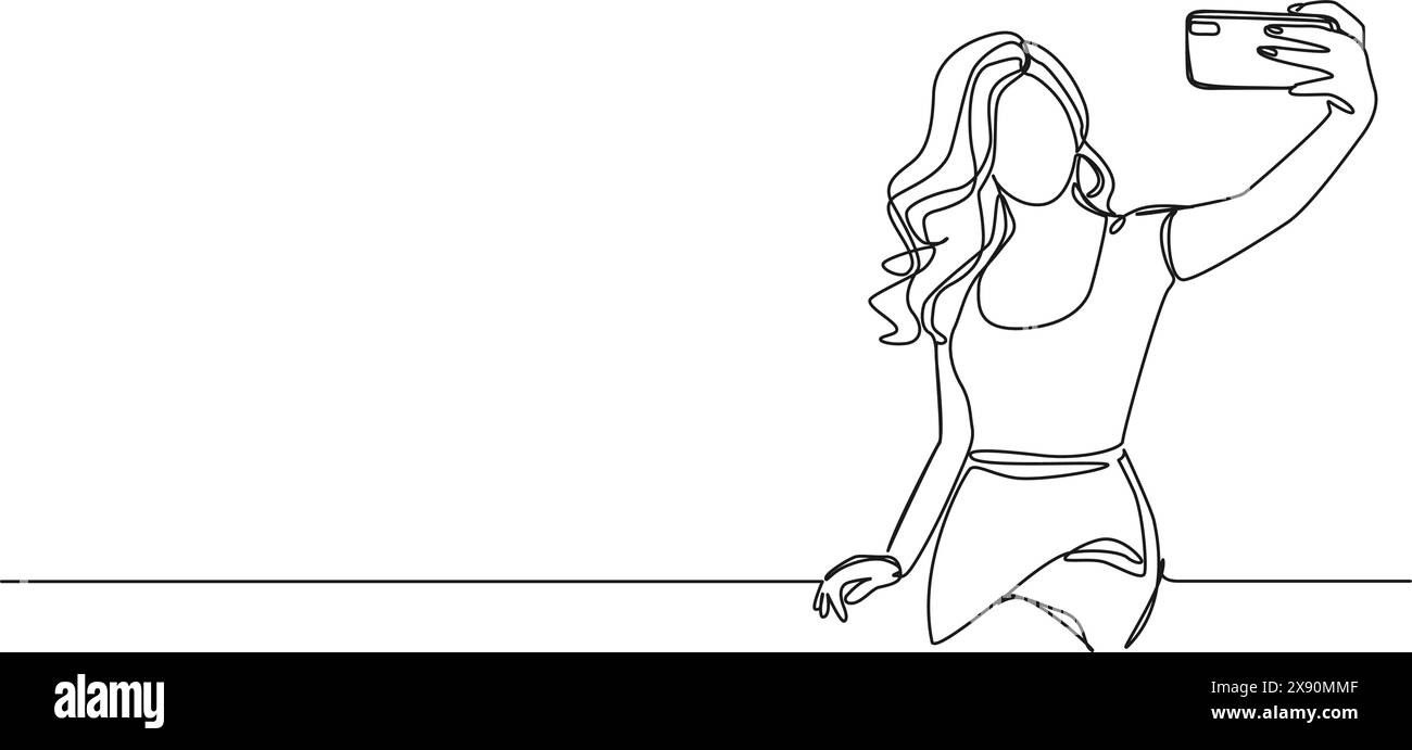 continuous single line drawing of young woman taking a selfie with her ...