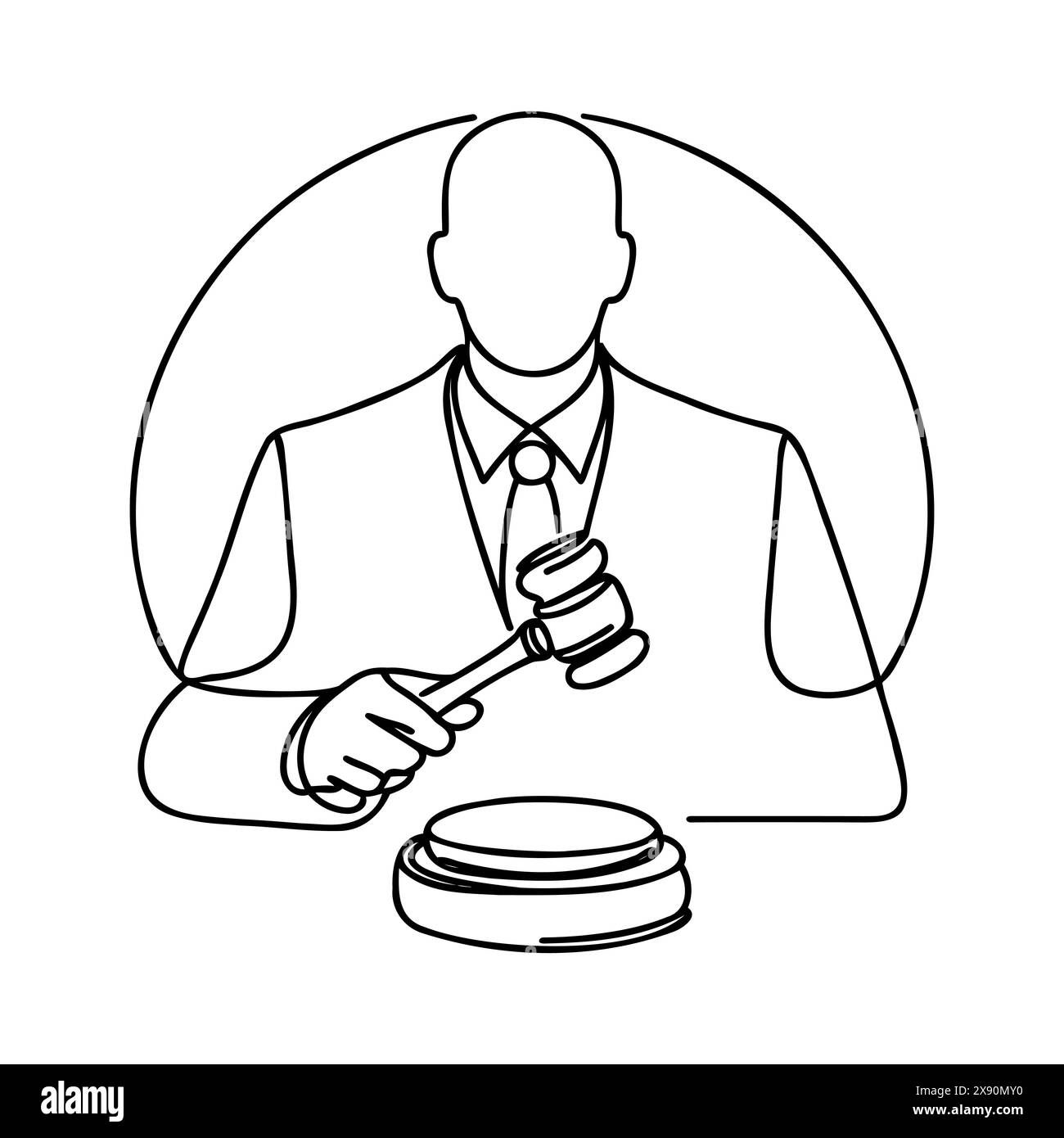 Continuous line drawing of hammer judge on Black and white background ...