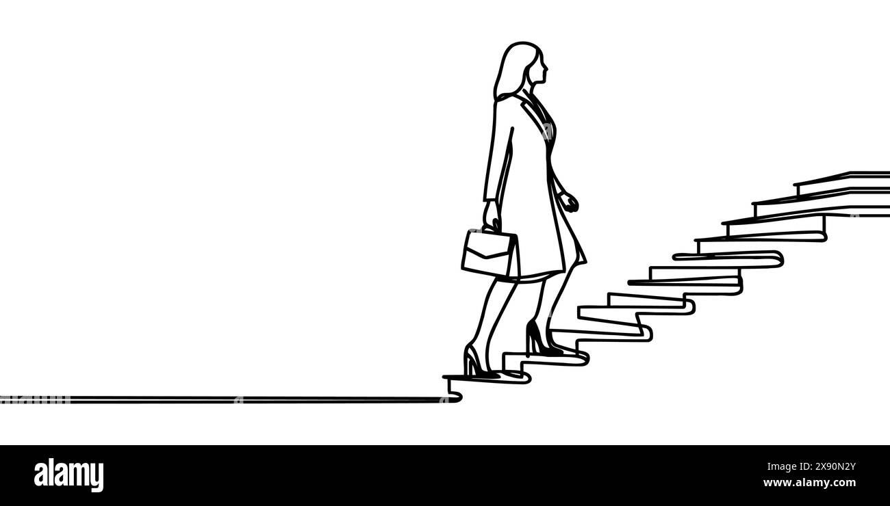 business and education concept. Woman climbing stairs continuous one ...