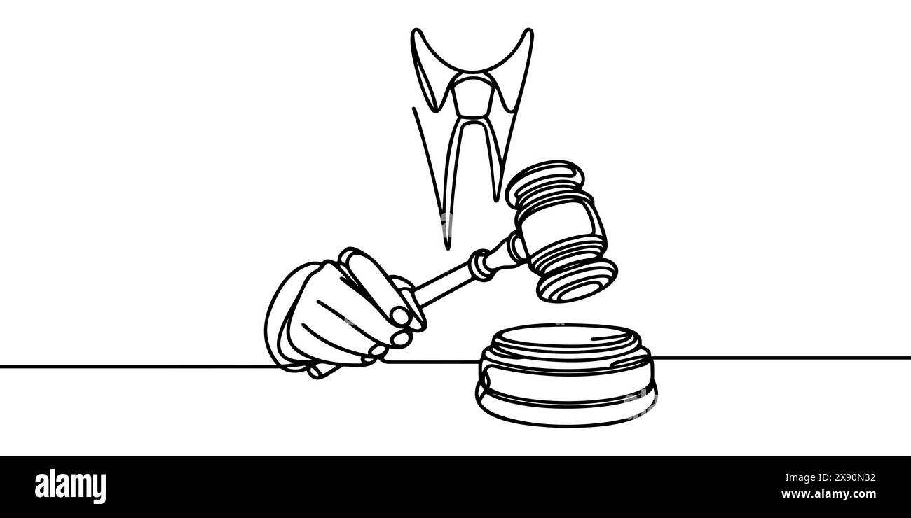Continuous line drawing of hammer judge on Black and white background ...