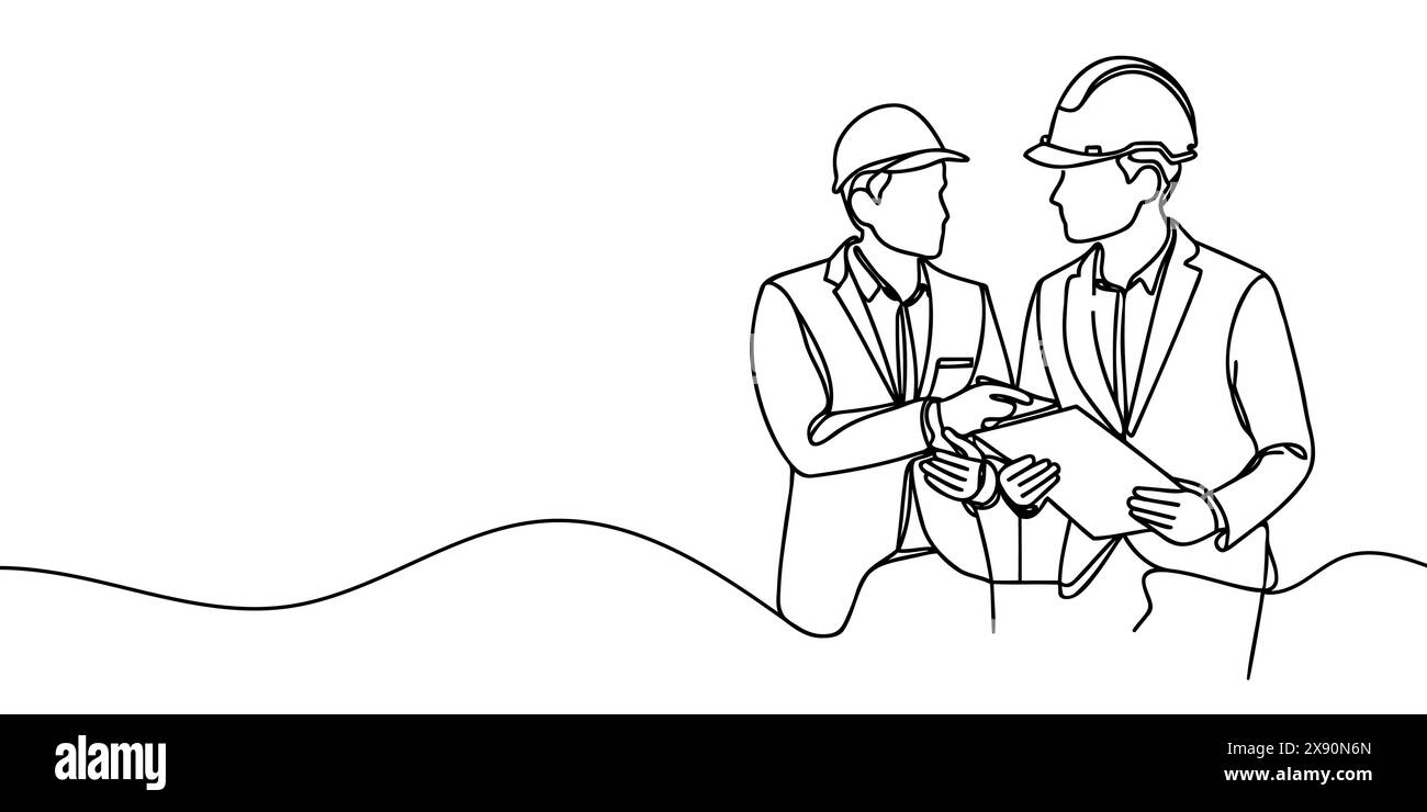 One line illustration of two male architects, engineers or contractors ...