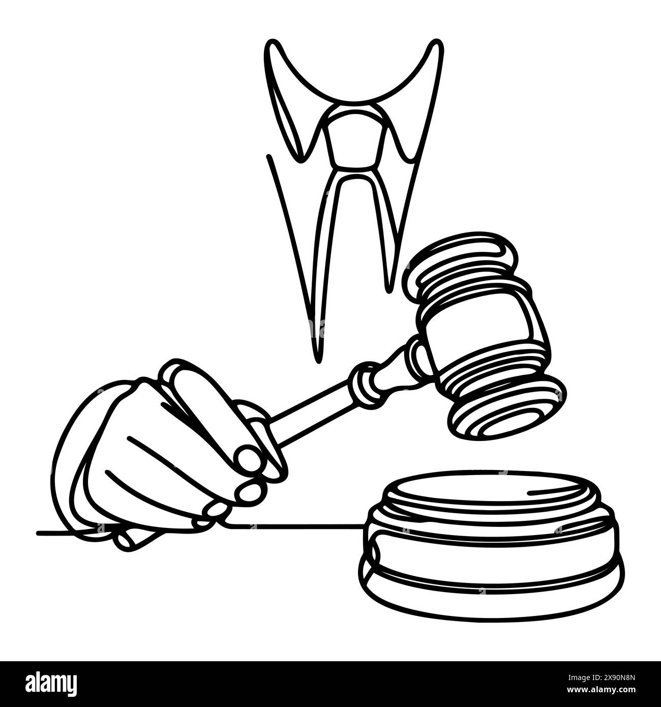Continuous line drawing of hammer judge on Black and white background ...