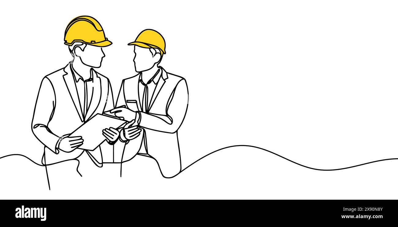 One line illustration of two male architects, engineers or contractors ...