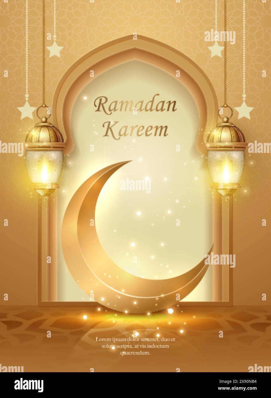 3D Islamic lantern crescent moon and curve arch shape background ...