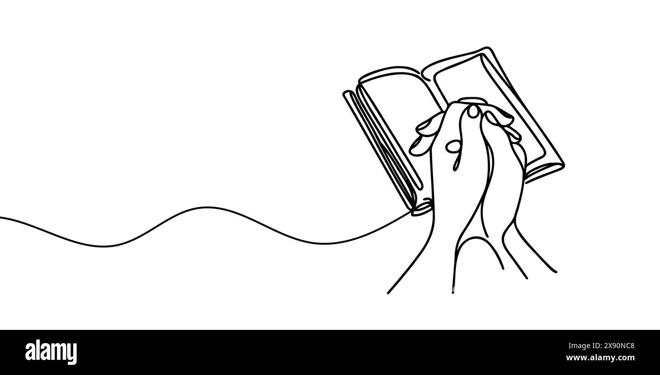 Continuous one-line drawing of an open Bible and two hands clasped ...