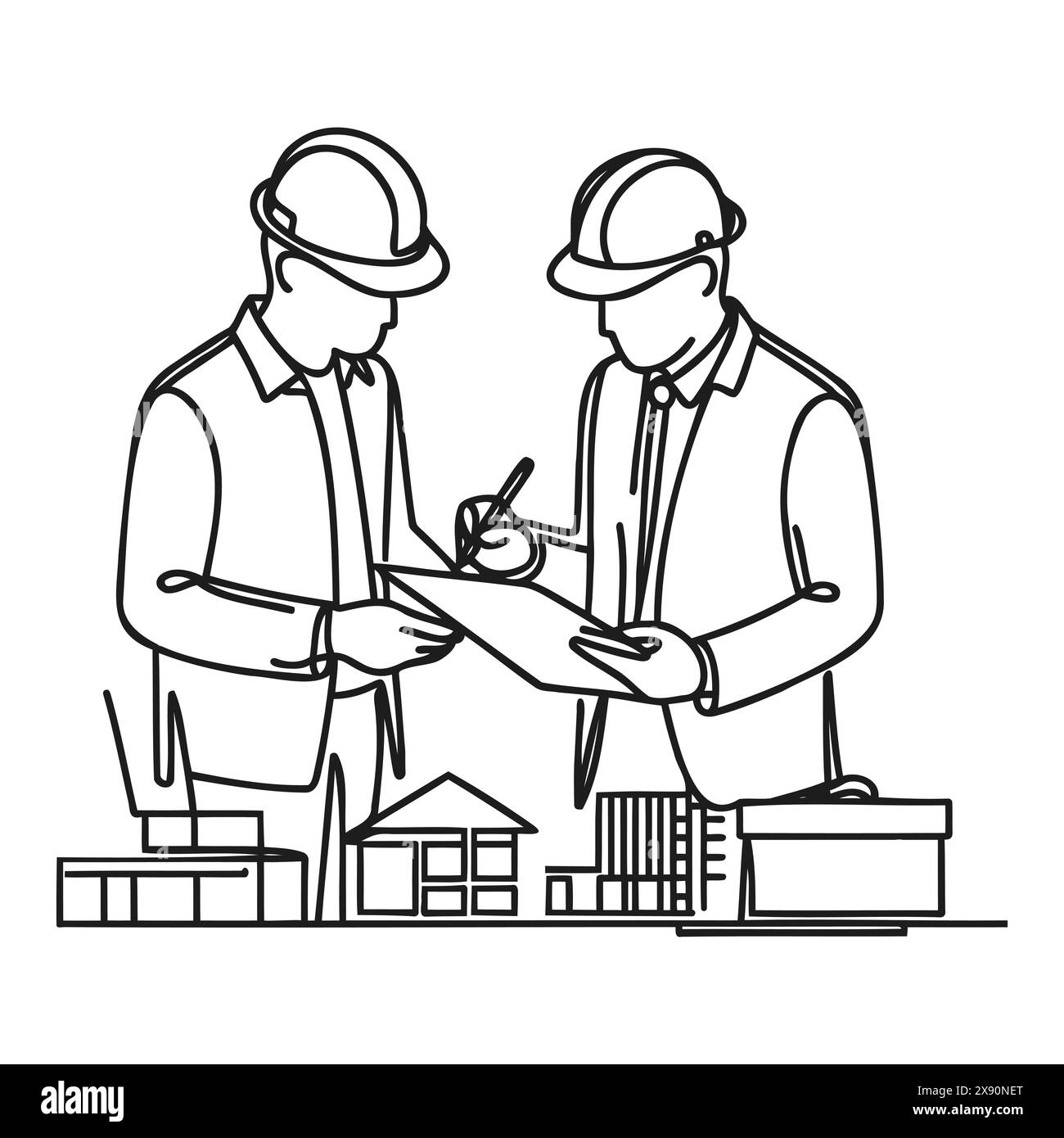 One line illustration of two male architects, engineers or contractors ...