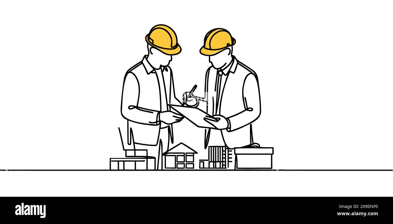 One line illustration of two male architects, engineers or contractors ...