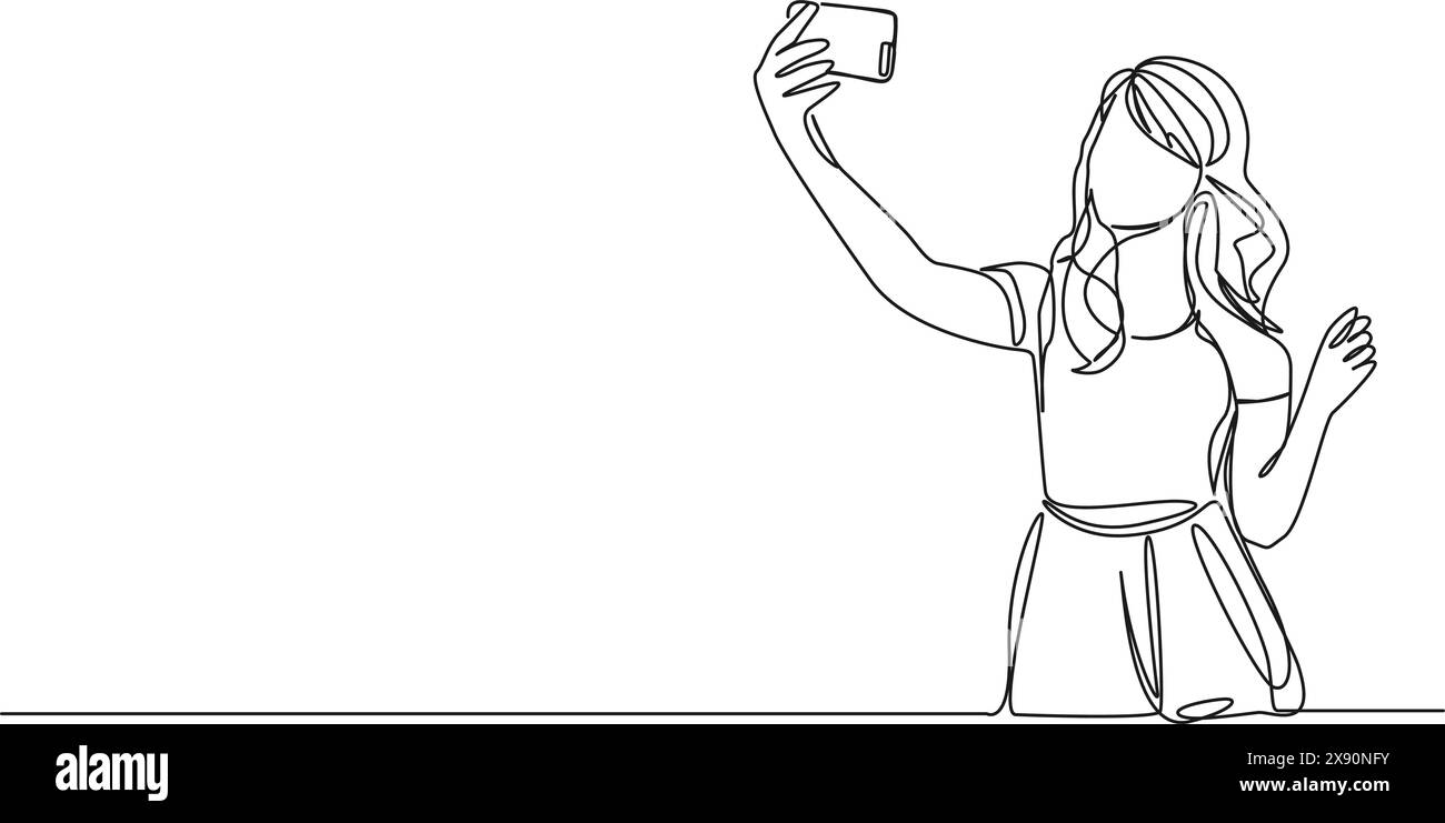 continuous single line drawing of young woman taking a selfie with her ...