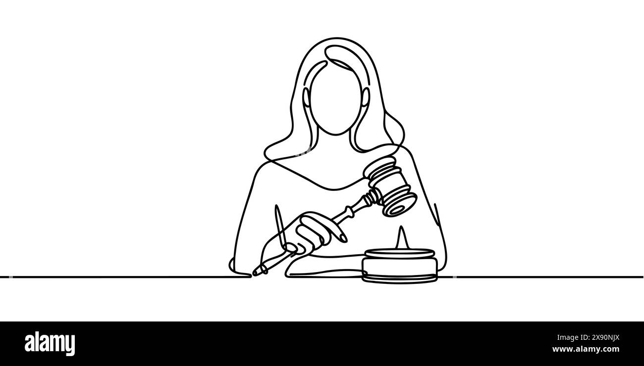 Continuous line drawing of hammer judge on Black and white background ...