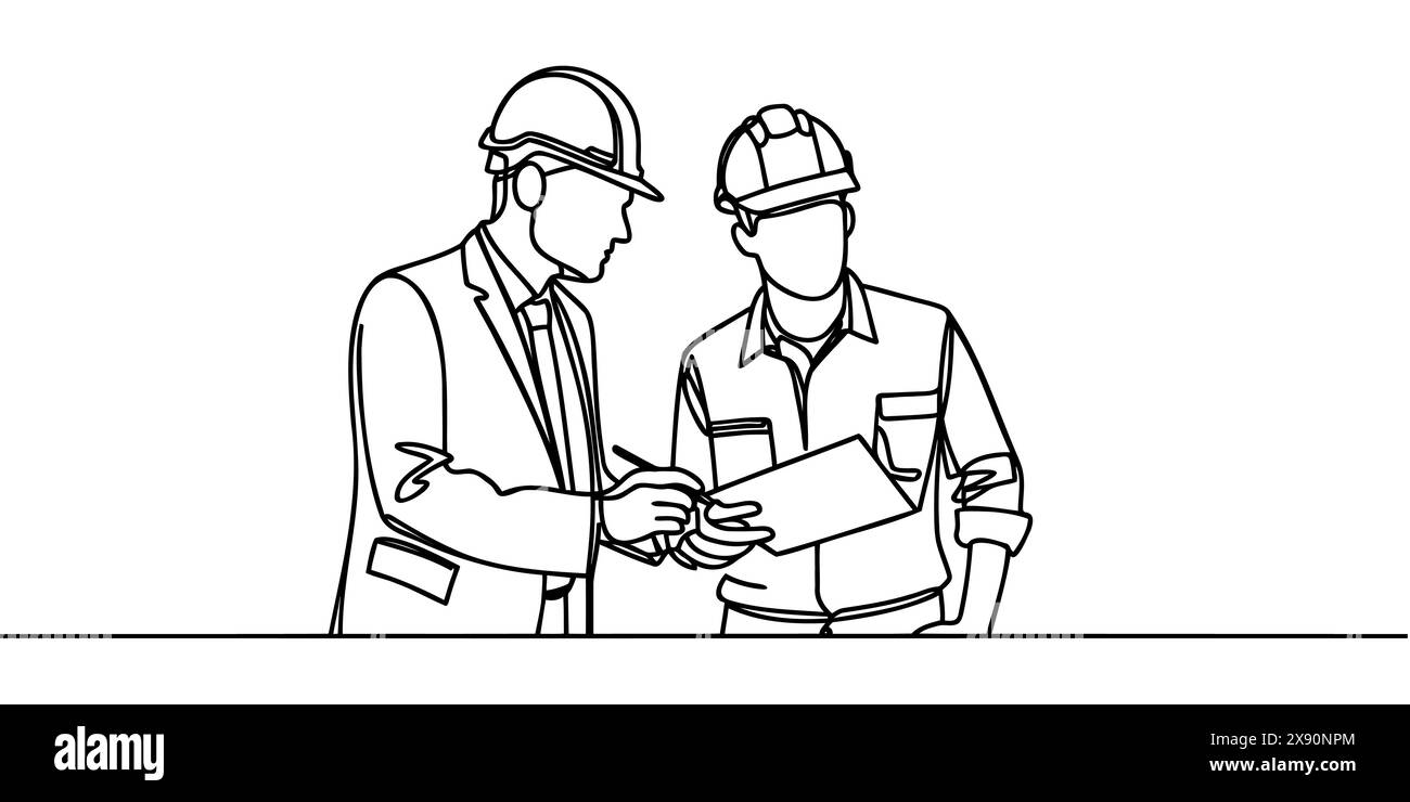 One line illustration of two male architects, engineers or contractors ...