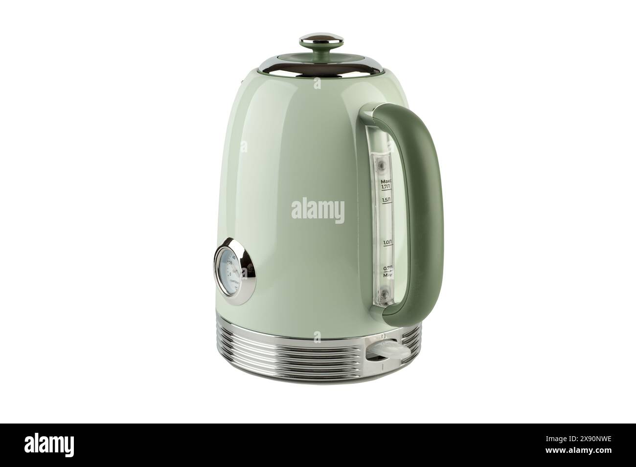 New green electric kettle with thermometer isolated on white background ...