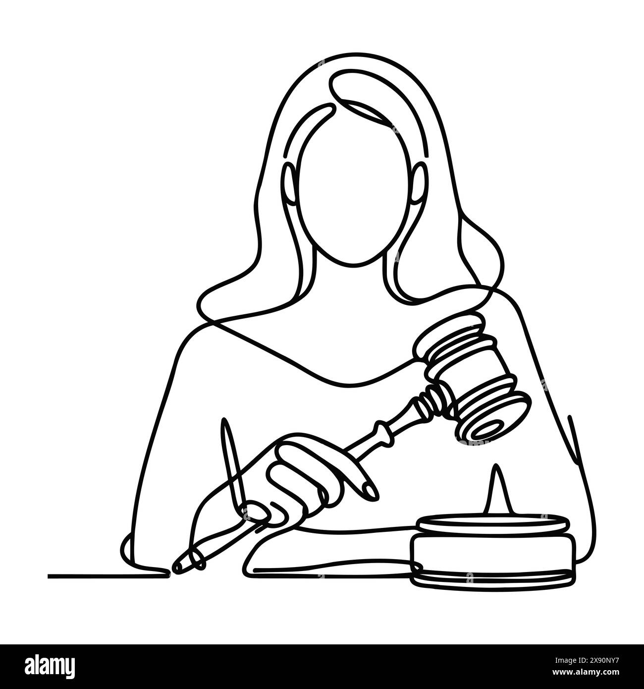 Continuous line drawing of hammer judge on Black and white background ...