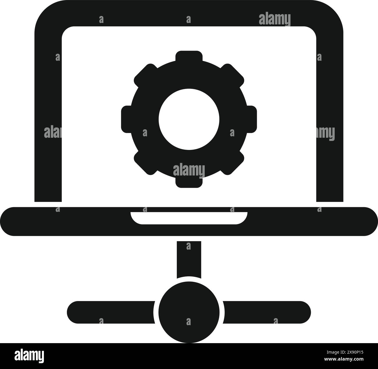 Black and white illustration of a laptop with a cogwheel icon, symbolizing software settings or ...