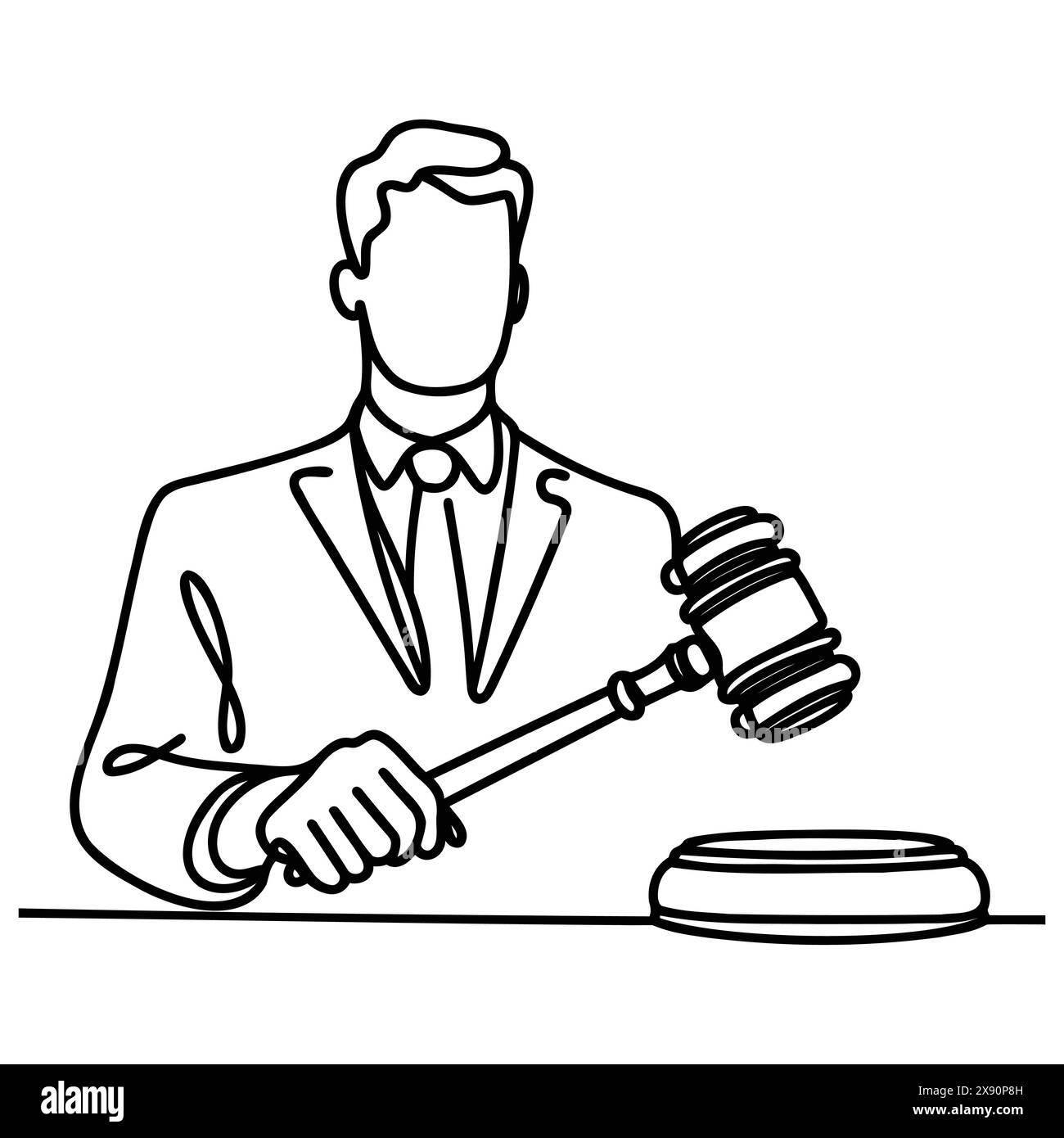 Continuous line drawing of hammer judge on Black and white background ...