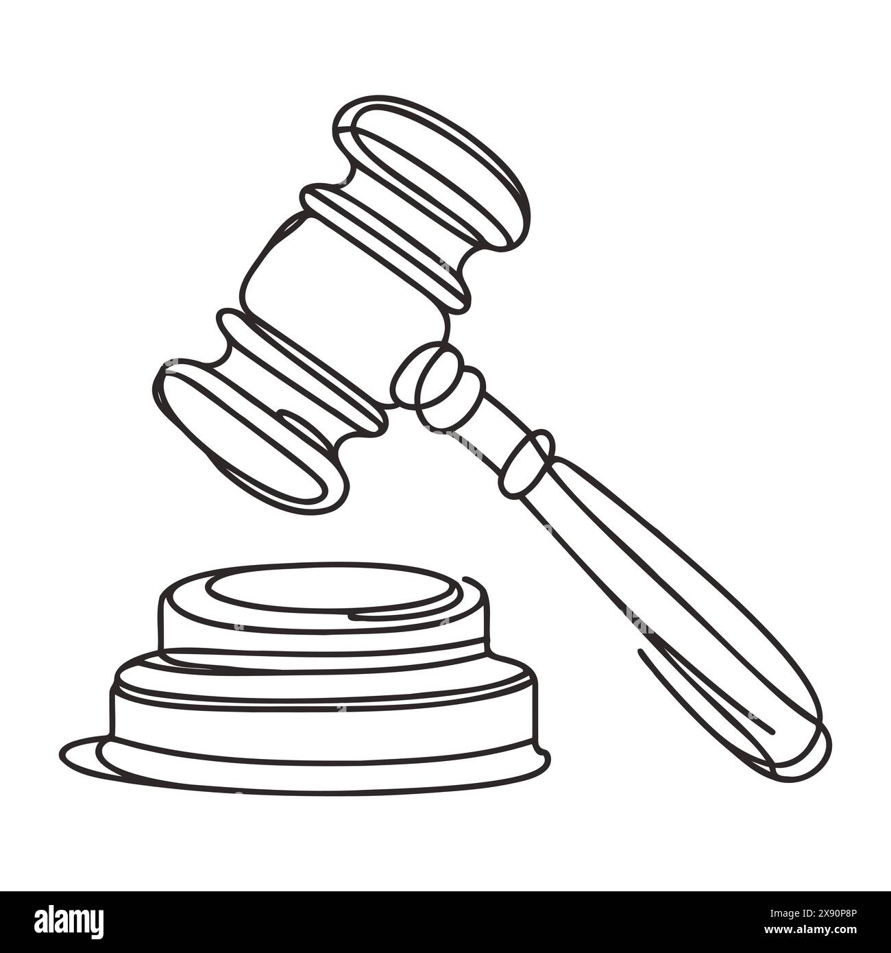 Continuous line drawing of hammer judge on Black and white background ...