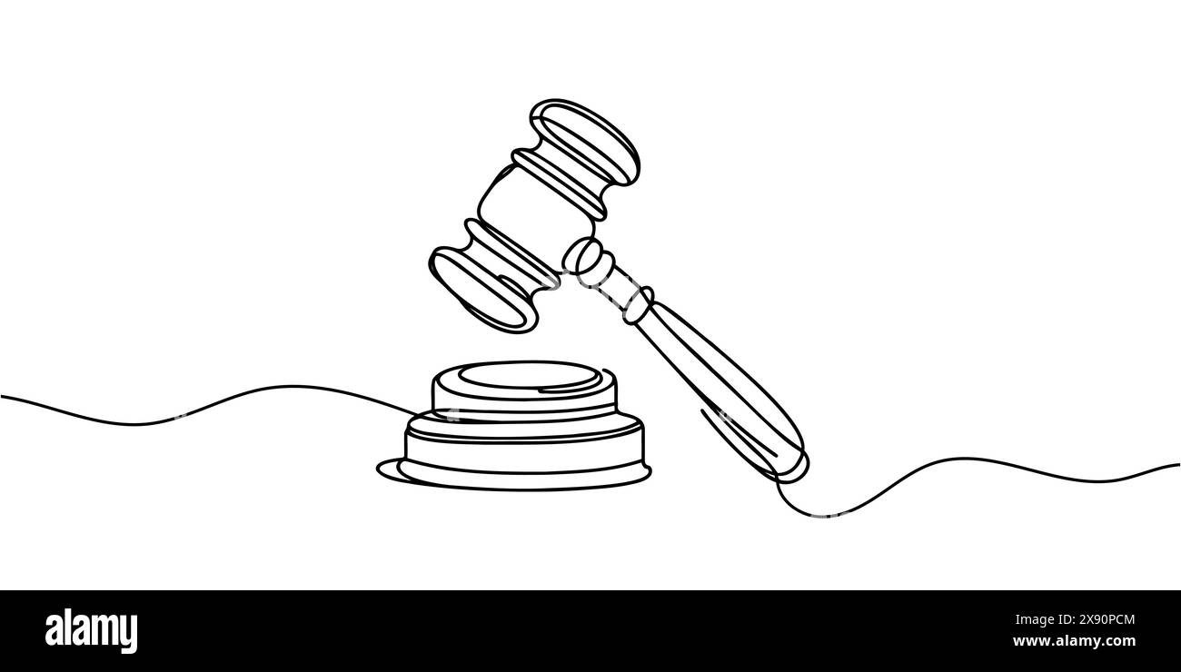 Continuous line drawing of hammer judge on Black and white background ...
