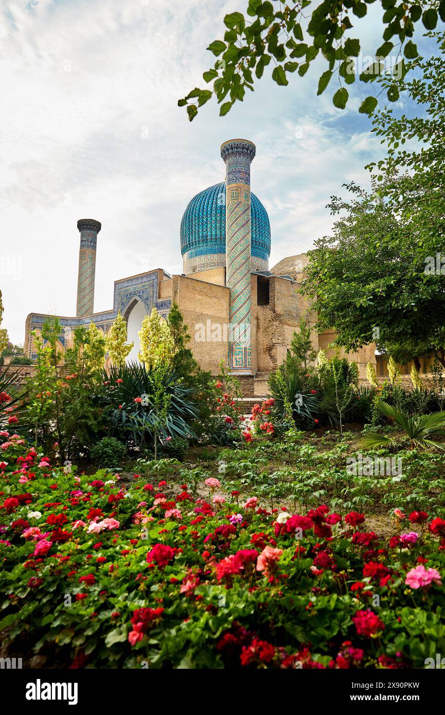 Gur Emir mausoleum exterior with dome and towers of the Asian famous ...