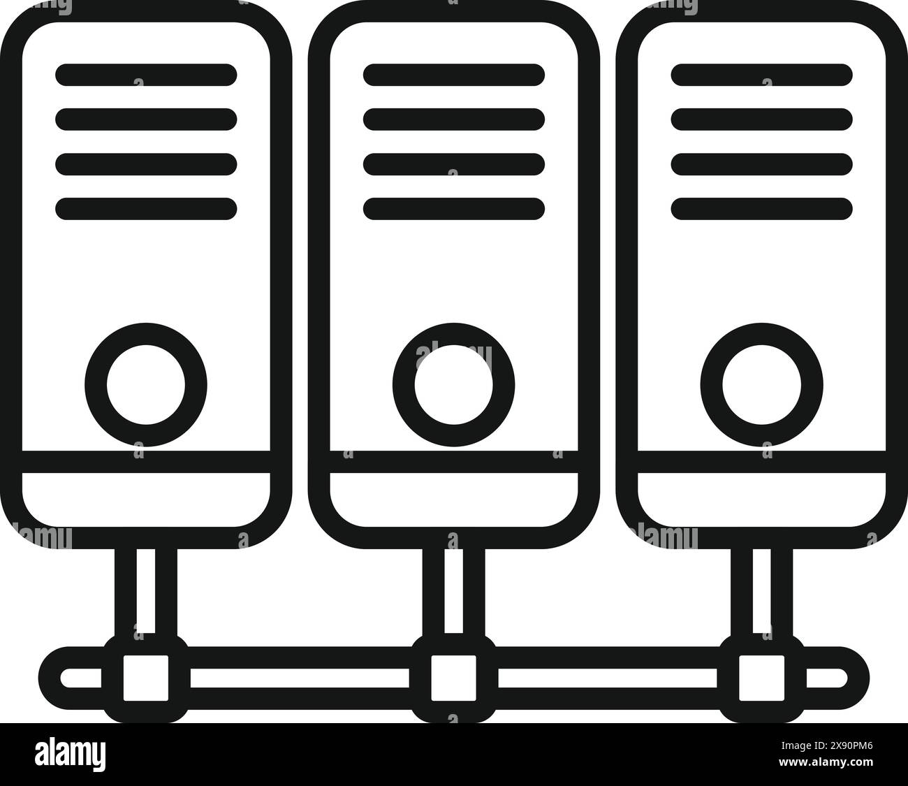 Black and white icon depicting a row of connected network server units ...