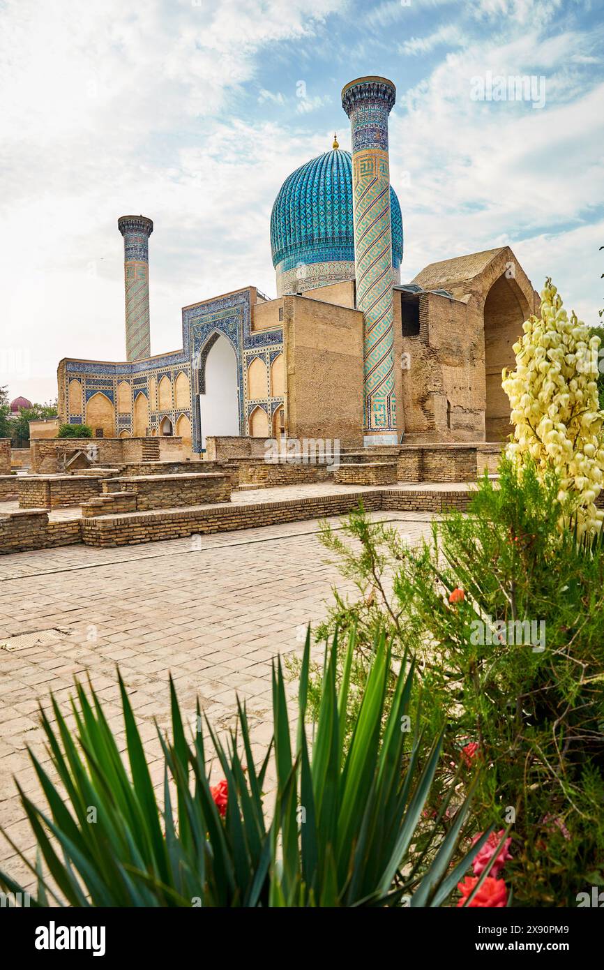 Gur Emir mausoleum exterior with dome and towers of the Asian famous ...