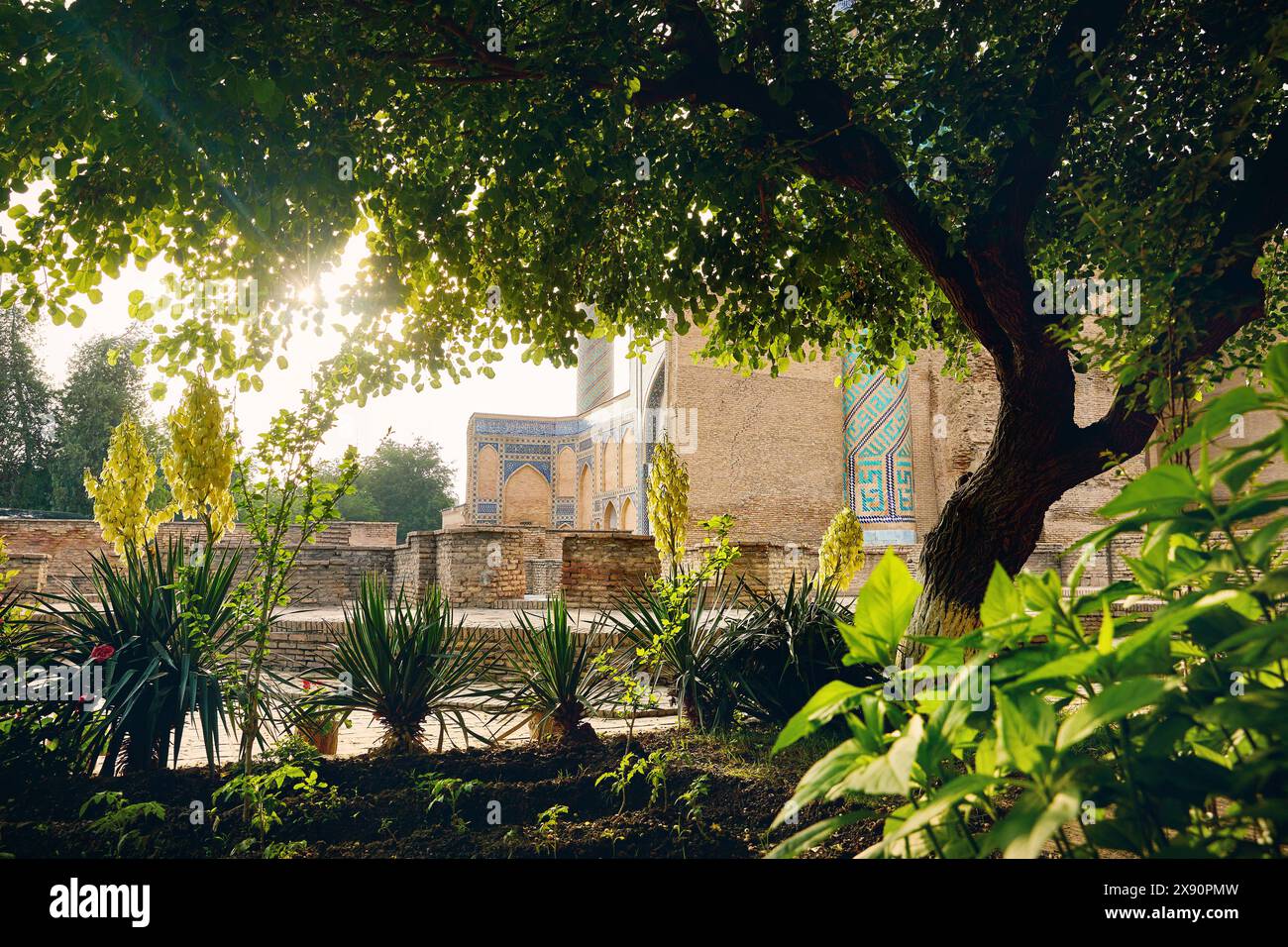Gur Emir mausoleum exterior with dome and towers of the Asian famous ...