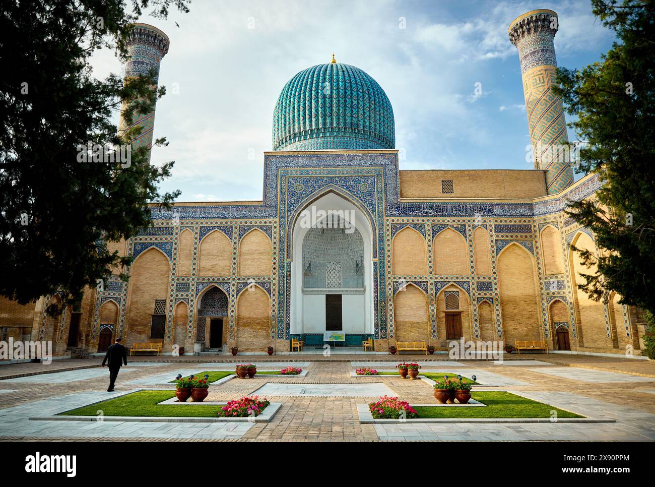 Gur Emir mausoleum exterior with dome and towers of the Asian famous ...