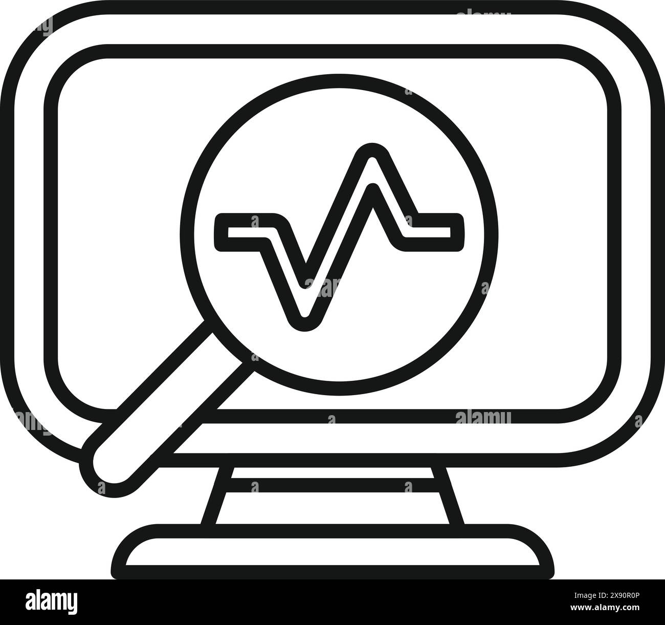 Line art icon of a magnifying glass scanning a computer screen with ...
