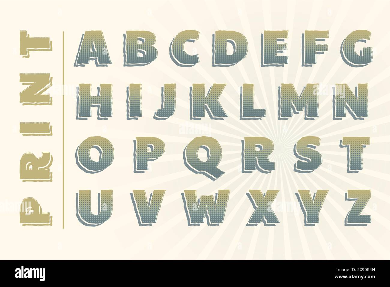 Print 3D vintage halftone alphabet poster. Collage style stencil letters with shadow and polka ...