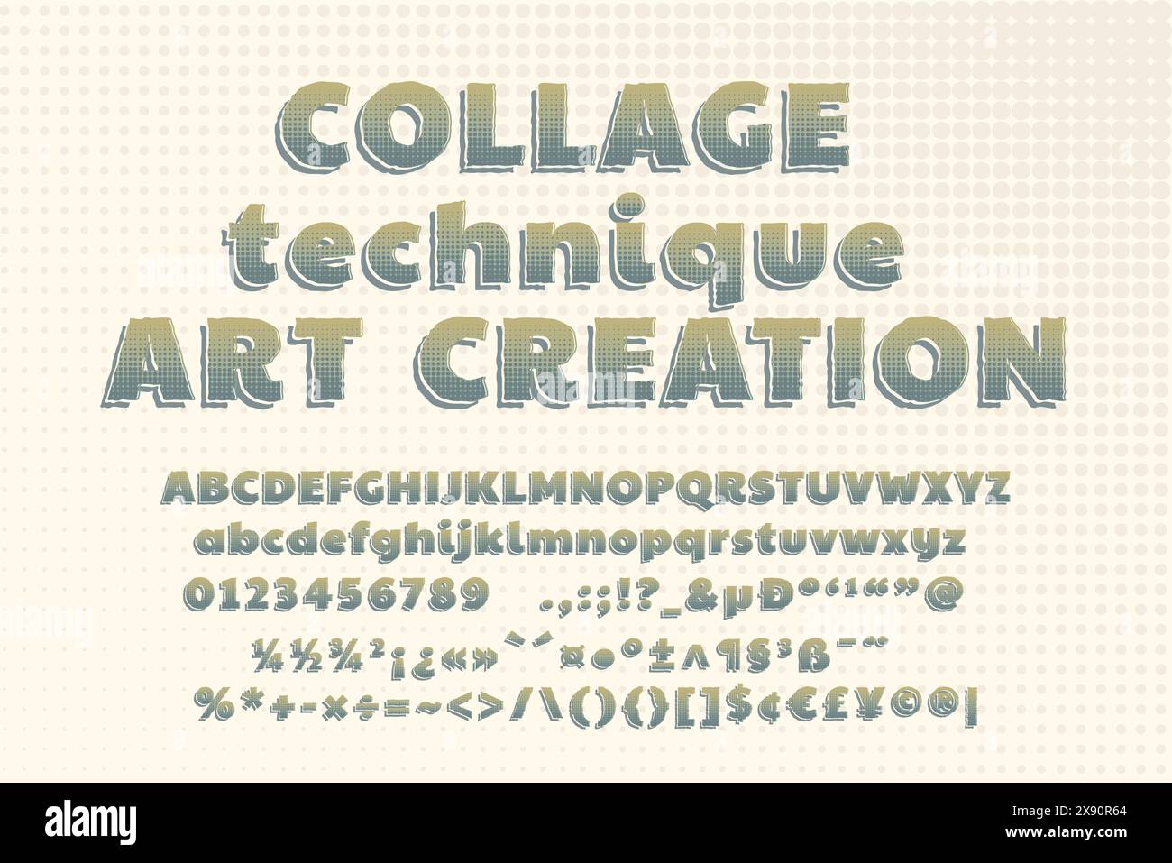 Print 3D vintage halftone alphabet poster. Collage style stencil letters with shadow and polka ...