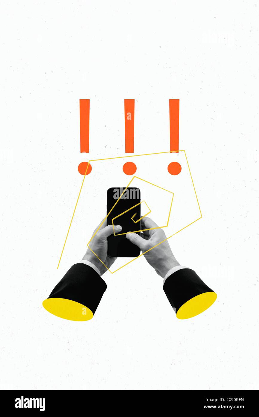 Creative vertical collage smartphone screen hands typing caution ...