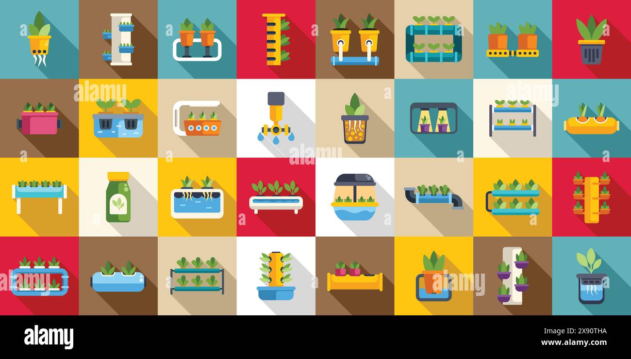 Hydroponics icons set vector. A collection of plants and pots in ...
