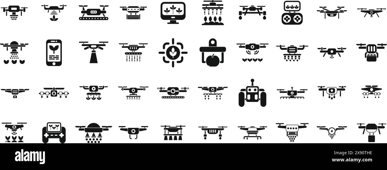 Drones in agriculture icons set vector. A collection of various types of drones and other flying ...