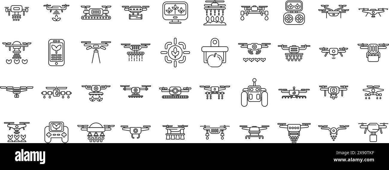 Drones in agriculture icons set vector. A collection of various types of drones and other flying ...