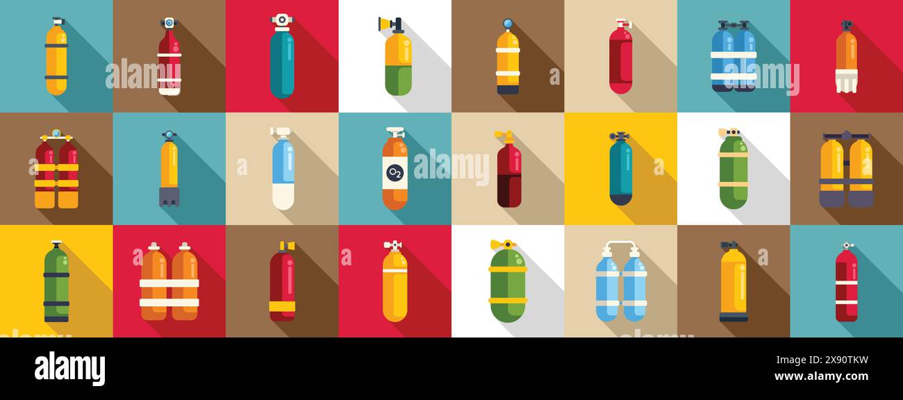 Diving cylinders icons set vector. A collection of various colored fire ...