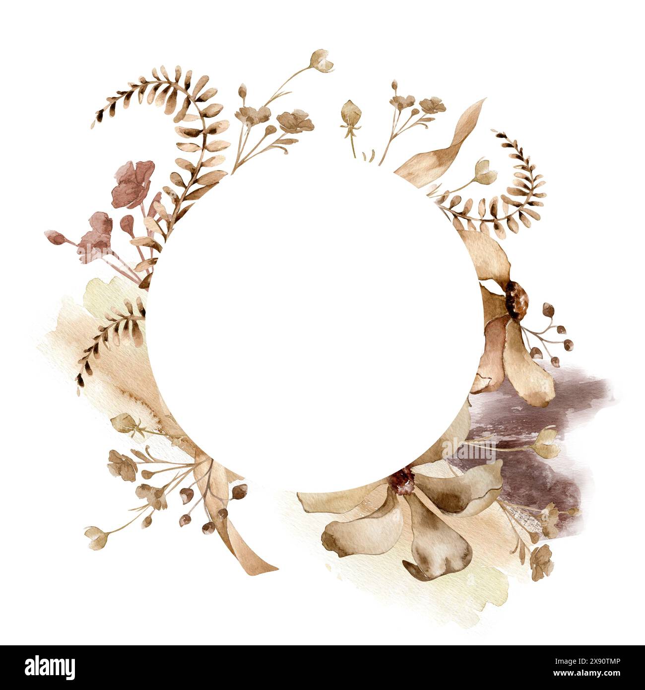 Circle frame of dry flowers and plants monochrome in watercolor brown ...