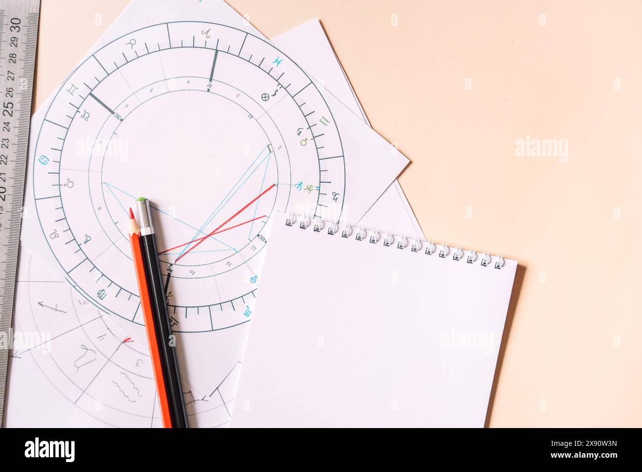 Natal chart on white paper with pencils and ruler on a beige background ...