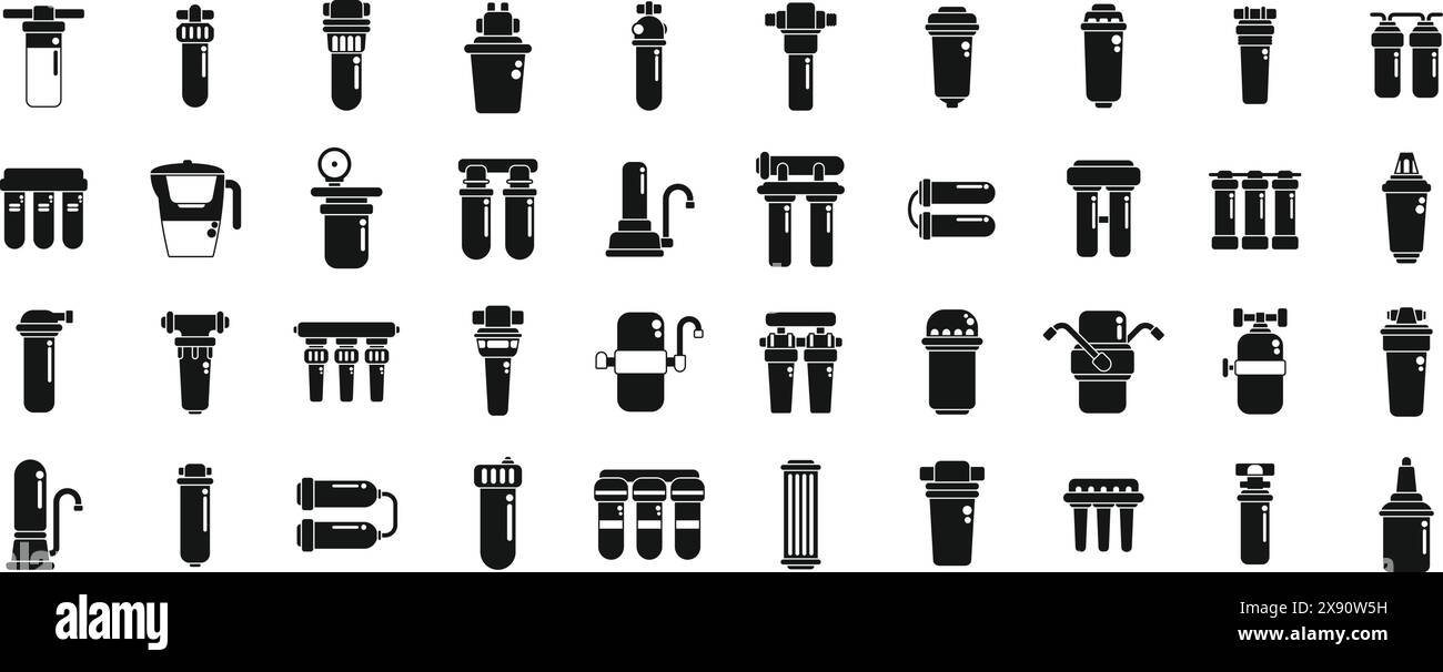 Filter for water purification icons set vector. A collection of black ...