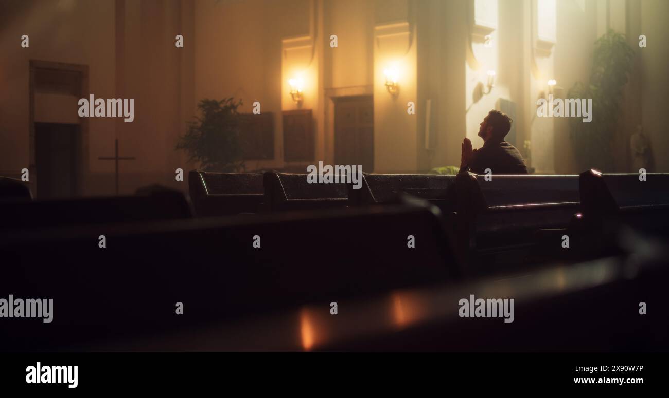 Christian Man Sits Alone in Church, Praying, Seeks Guidance from ...