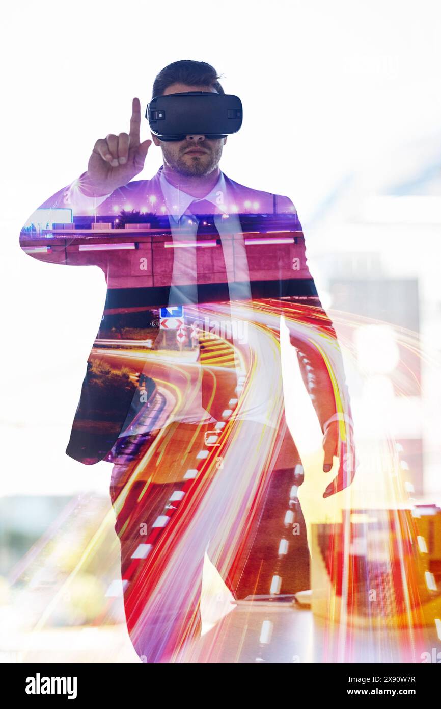 Overlay, virtual reality and business man with headset for traffic ...