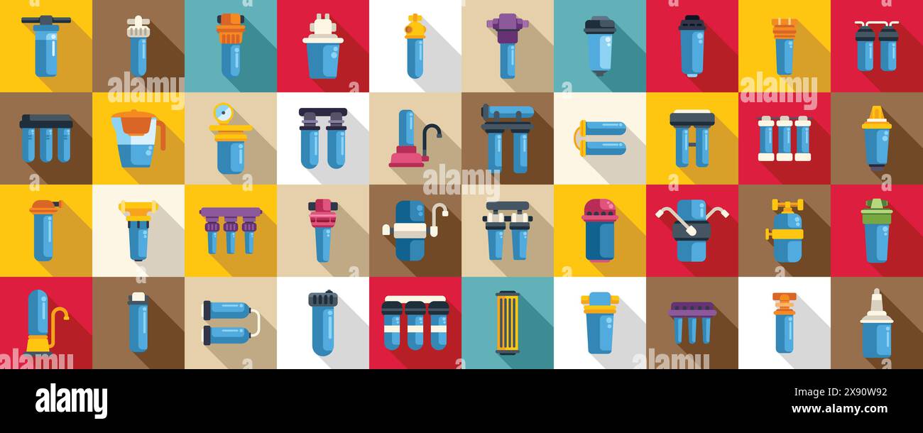Filter for water purification icons set vector. A collection of blue ...