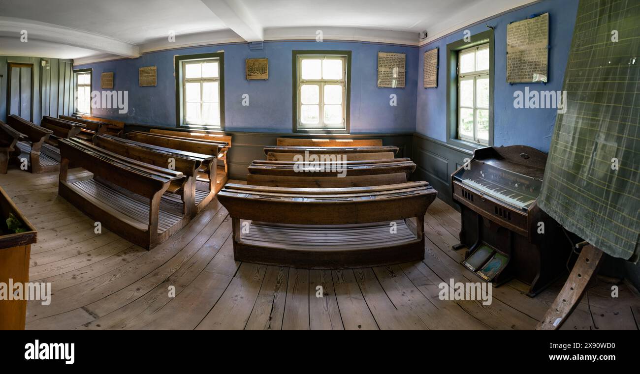An 1850 German classroom preserved in a museum, featuring wooden desks ...