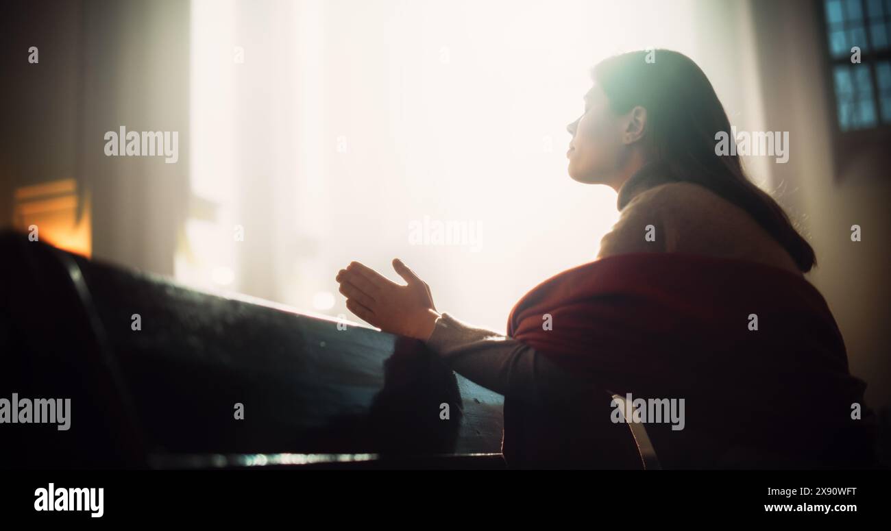 Young Christian Woman Sits Piously in Majestic Church, with Folded ...